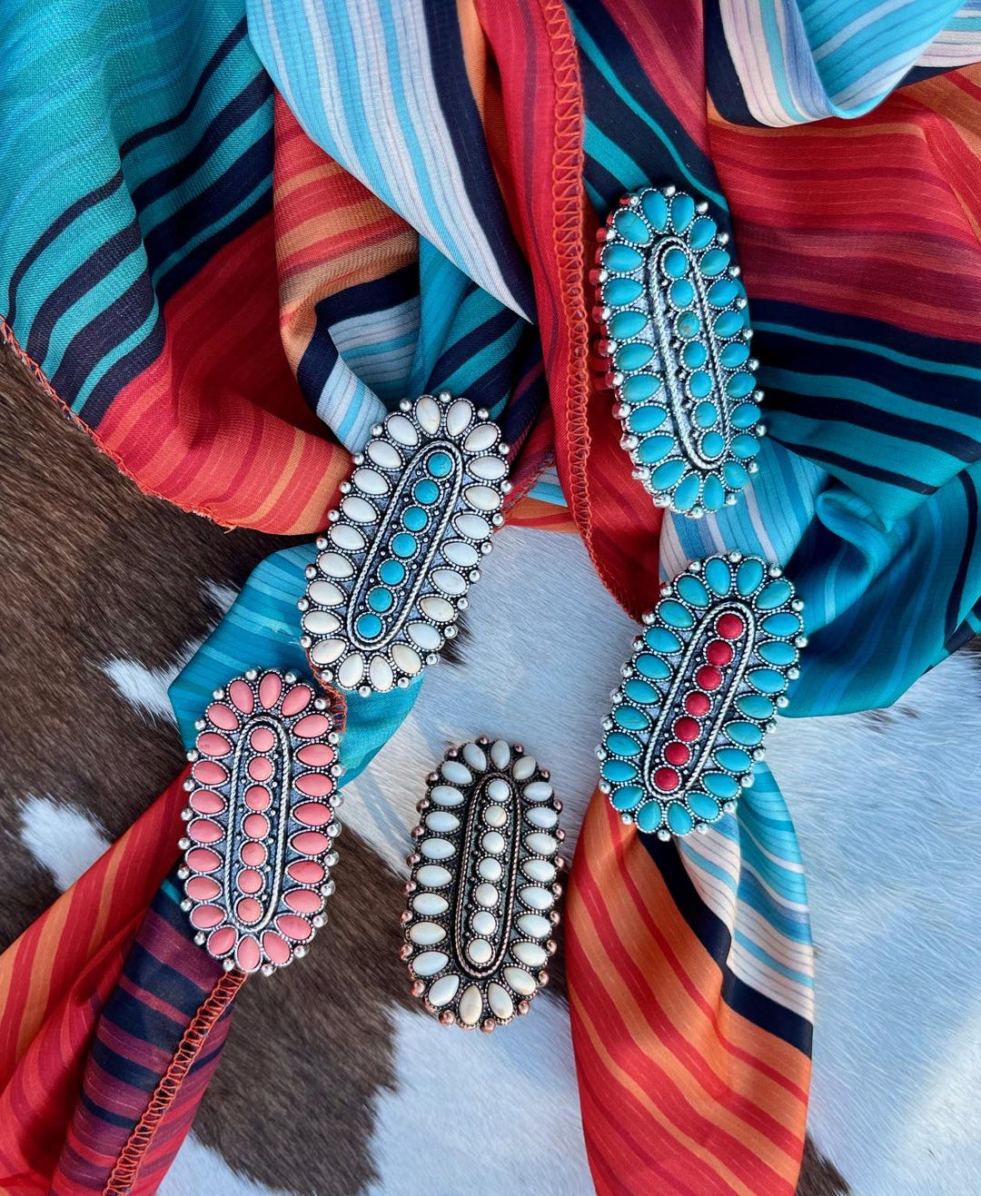 Western Cluster Faux Turquoise and Red Stone Cuff Ring , Adjustable ...