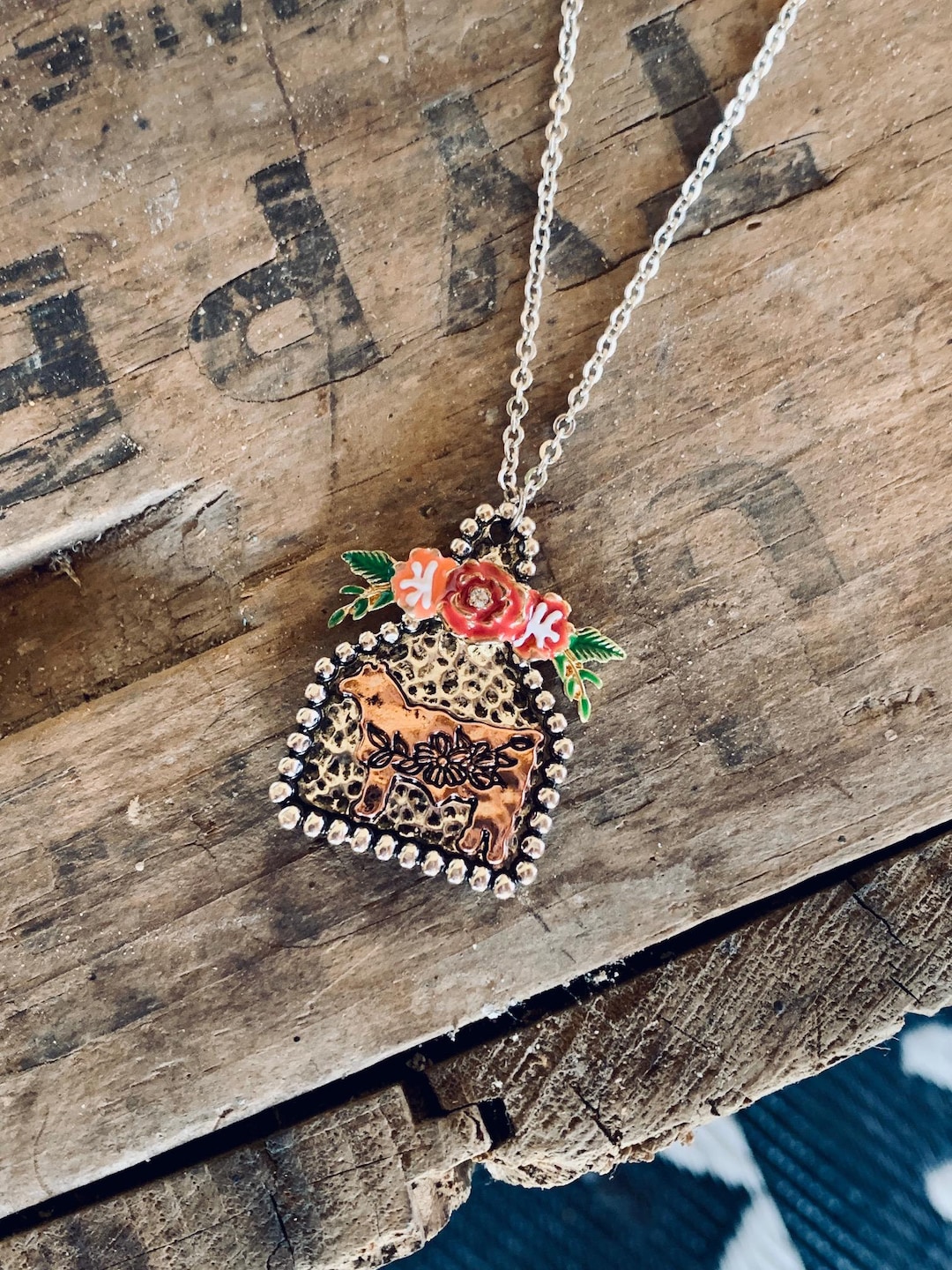 Western Show Cow Floral Tooled Cow Tag Necklace Charm - Etsy