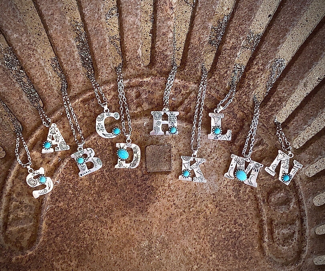 Western Turquoise Stone Alphabet Letter Necklace - Etsy