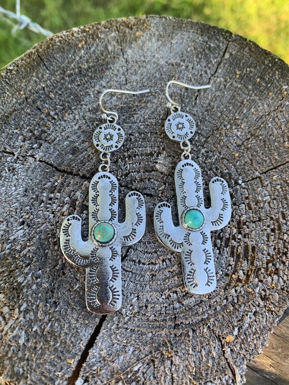 Western Cactus and Faux Turquoise Stone Pendant Dangle - Etsy
