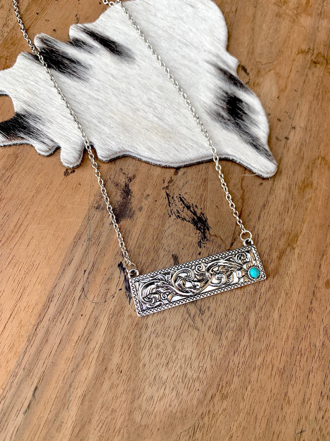 Floral Tooled Bar Necklace With Faux Turquoise Stone Western Jewelry - Etsy