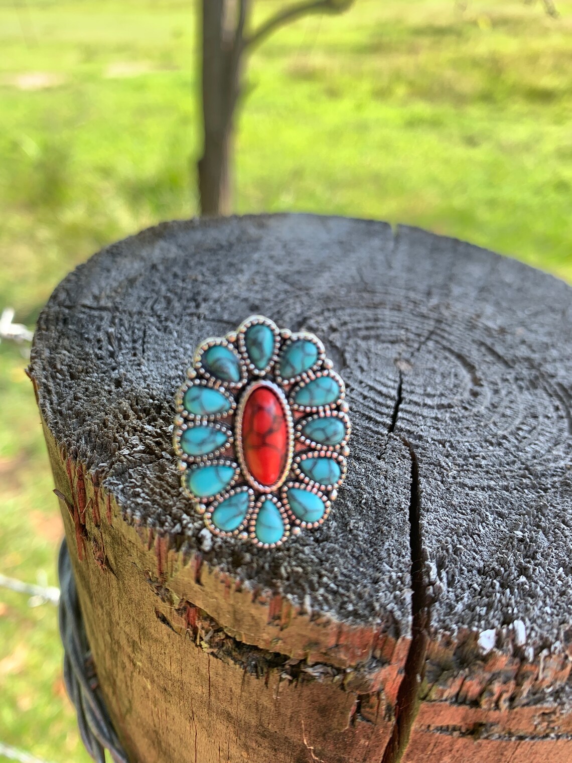 Western Cluster Faux Turquoise and Red Stone Cuff Ring - Etsy