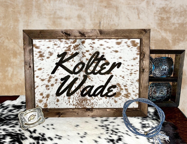 Western Genuine Cowhide Baby Name Wall Art Sign , Wooden Framed Hair on ...