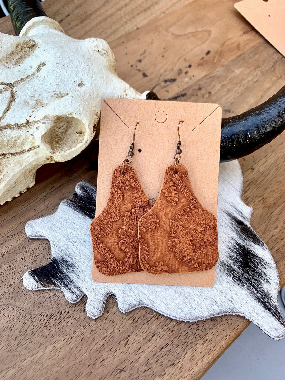 Floral Faux Brown Tooled Leather Cow Ear Tag Western Earrings - Etsy