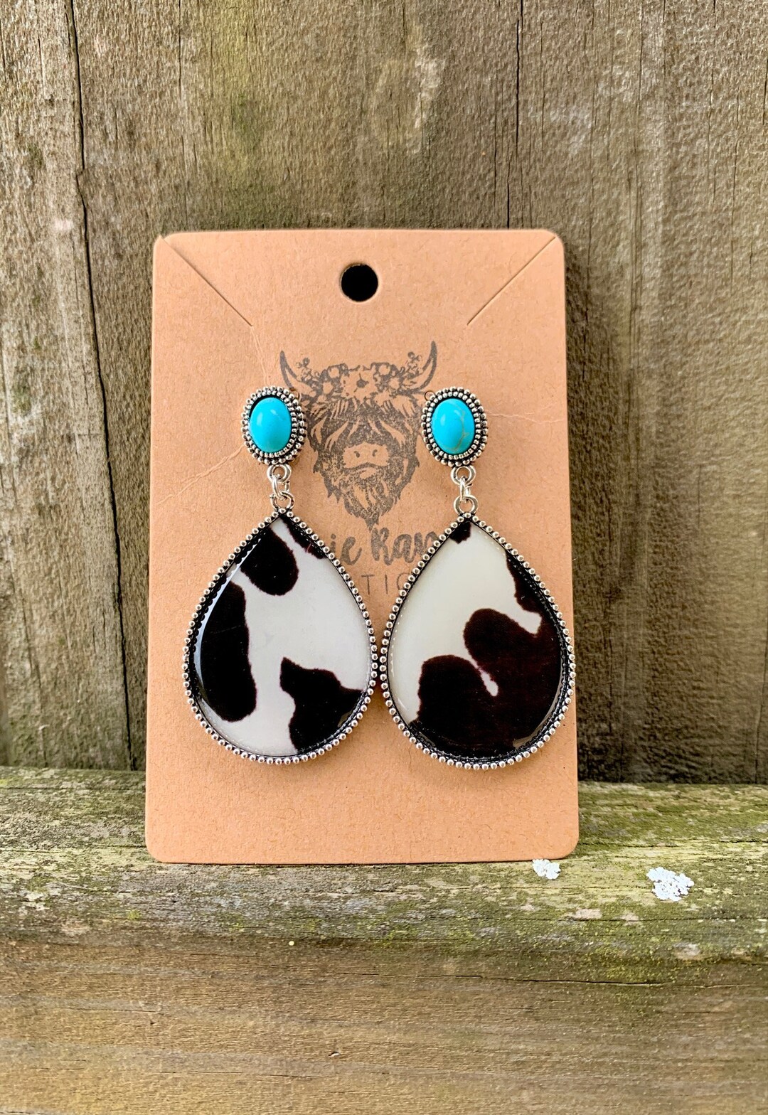 Oval Cowhide Print Drop Earrings With Faux Turquoise Stone - Etsy