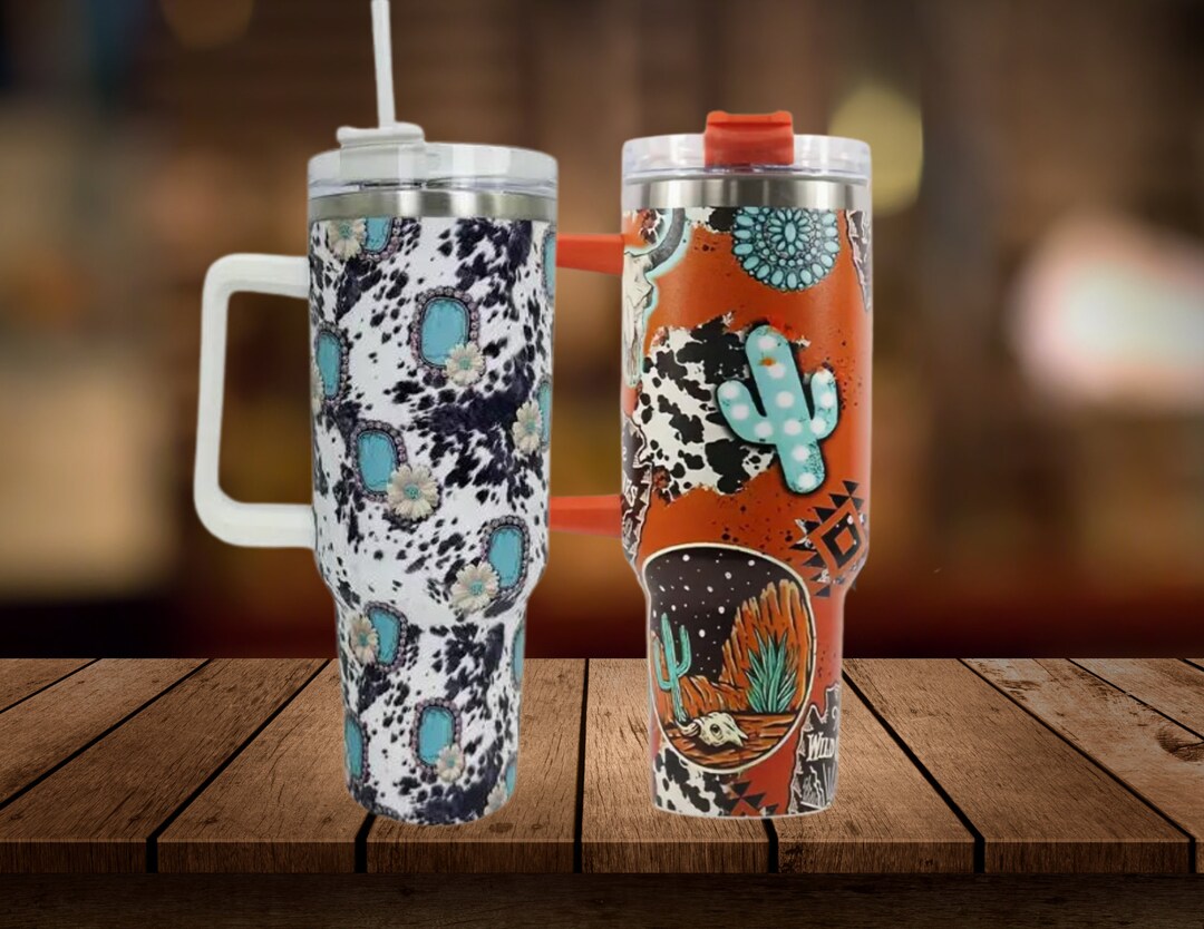 Western Themed 40oz Tumbler Travel Cup With Handle And Straw Cowhide