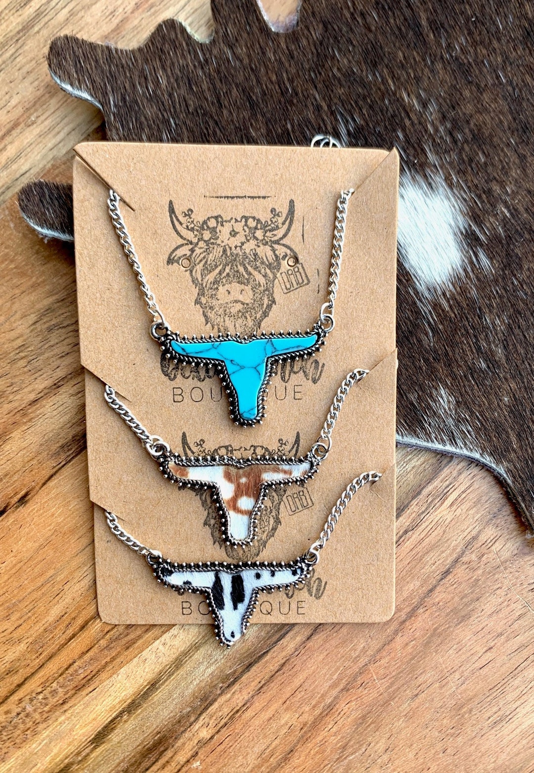Western Long Horn Necklace Faux Cowhide , Faux Turquoise Stone Cow Head ...