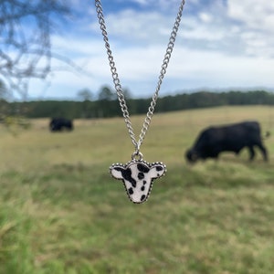 Small Western Cow Head Charm Necklace , Cowhide and Faux Turquoise ...