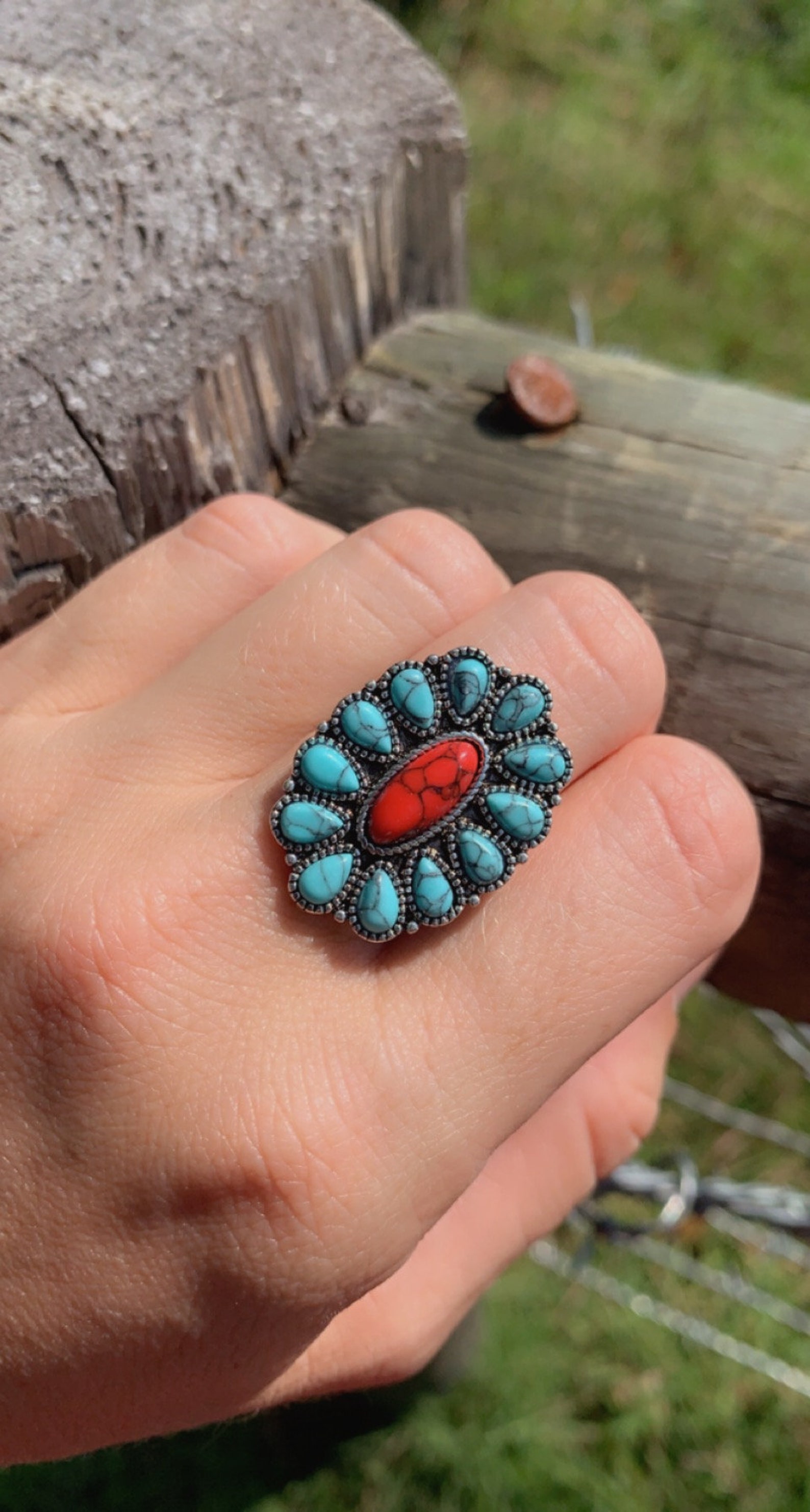 Western Cluster Faux Turquoise and Red Stone Cuff Ring - Etsy