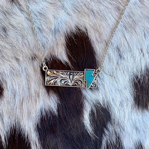 Western Faux Turquoise Lightning Bolt Tooled Drop Bar Necklace ...