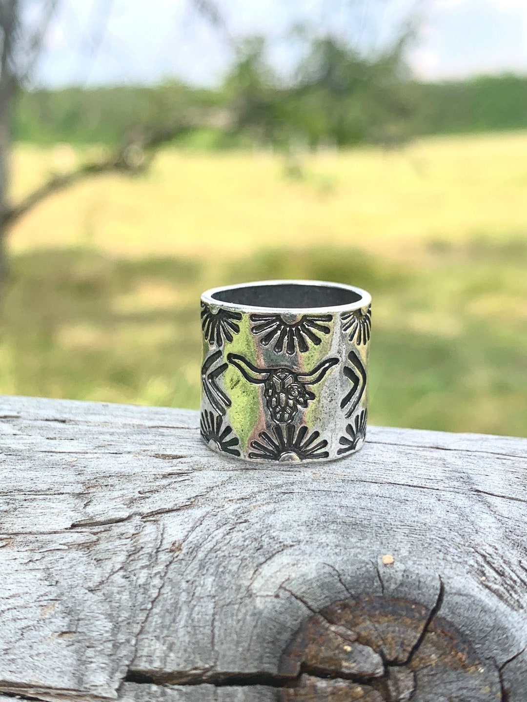Western Cylinder Stackable Stamped Bull Skull Horns Statement Ring - Etsy