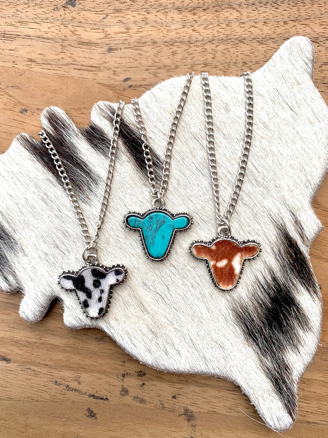Small Western Cow Head Charm Necklace , Cowhide and Faux Turquoise ...