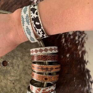 Western Cuff Bangle Bracelet , Cowhide , Sunflower , Aztec , Tooled ...