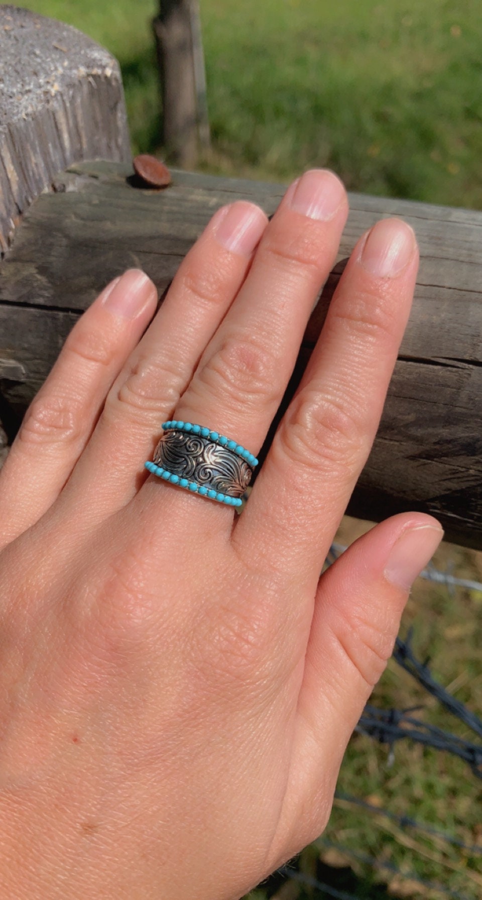 Tooled Western Ring With Turquoise Beads Cowgirl Jewelry - Etsy