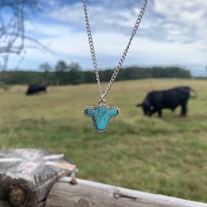Small Western Cow Head Charm Necklace , Cowhide and Faux Turquoise ...