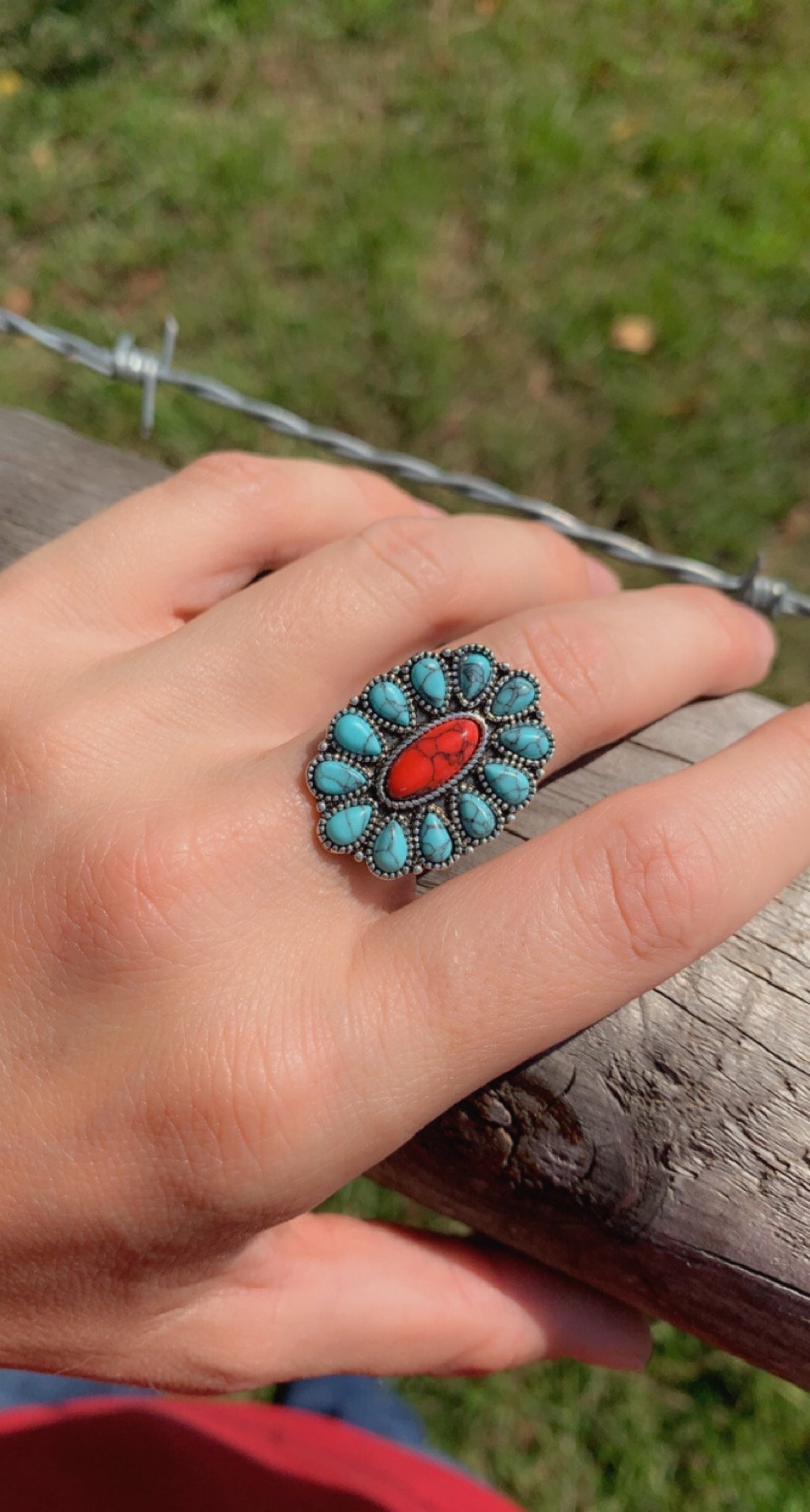 Western Cluster Faux Turquoise and Red Stone Cuff Ring - Etsy