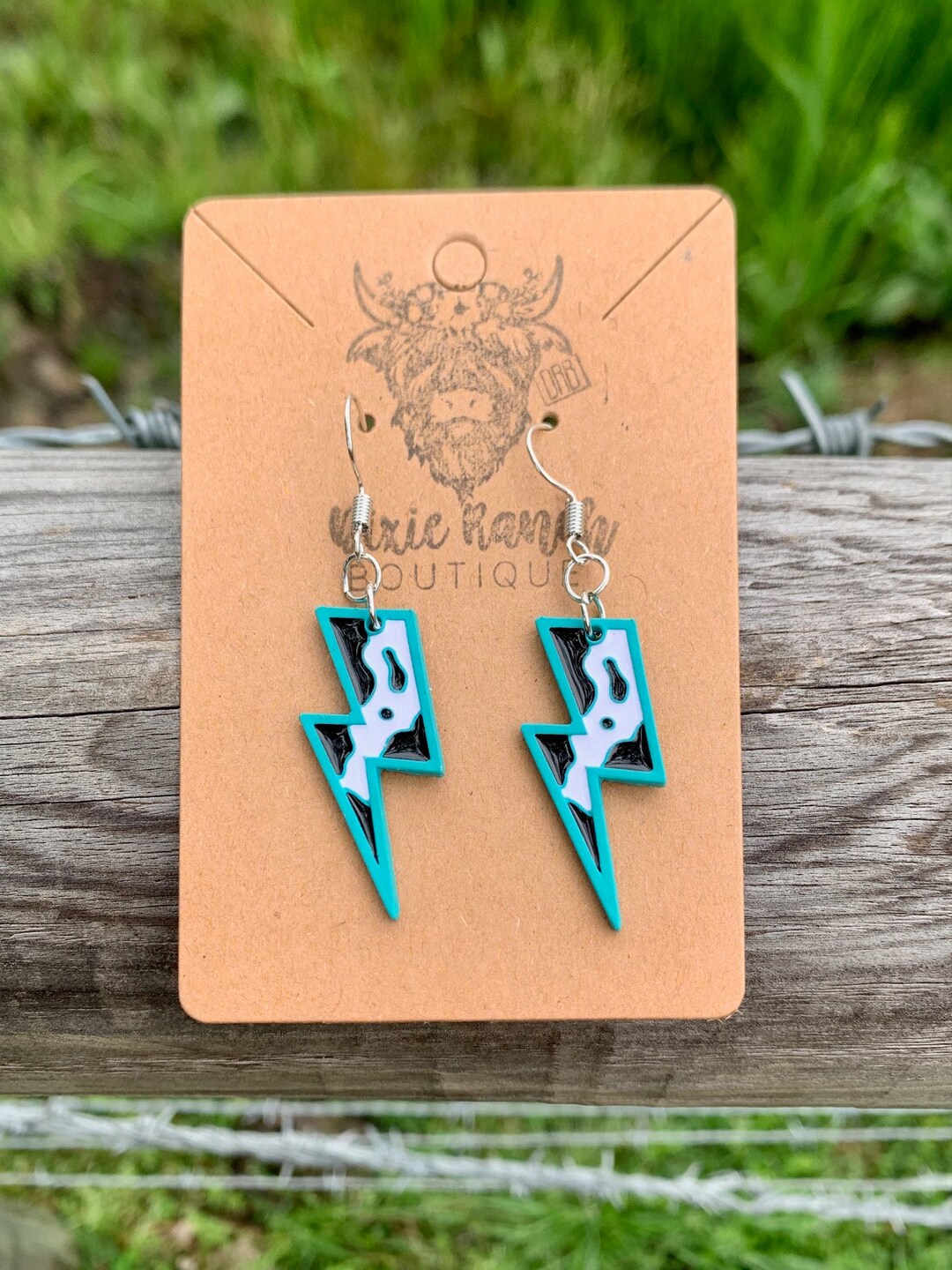 Western Cow Print Turquoise Lightning Bolt Earrings - Etsy