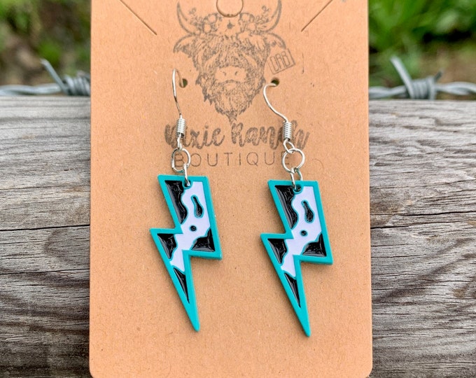 Western Cow Print Turquoise Lightning Bolt Earrings - Etsy