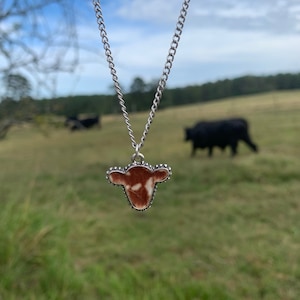 Small Western Cow Head Charm Necklace , Cowhide and Faux Turquoise ...