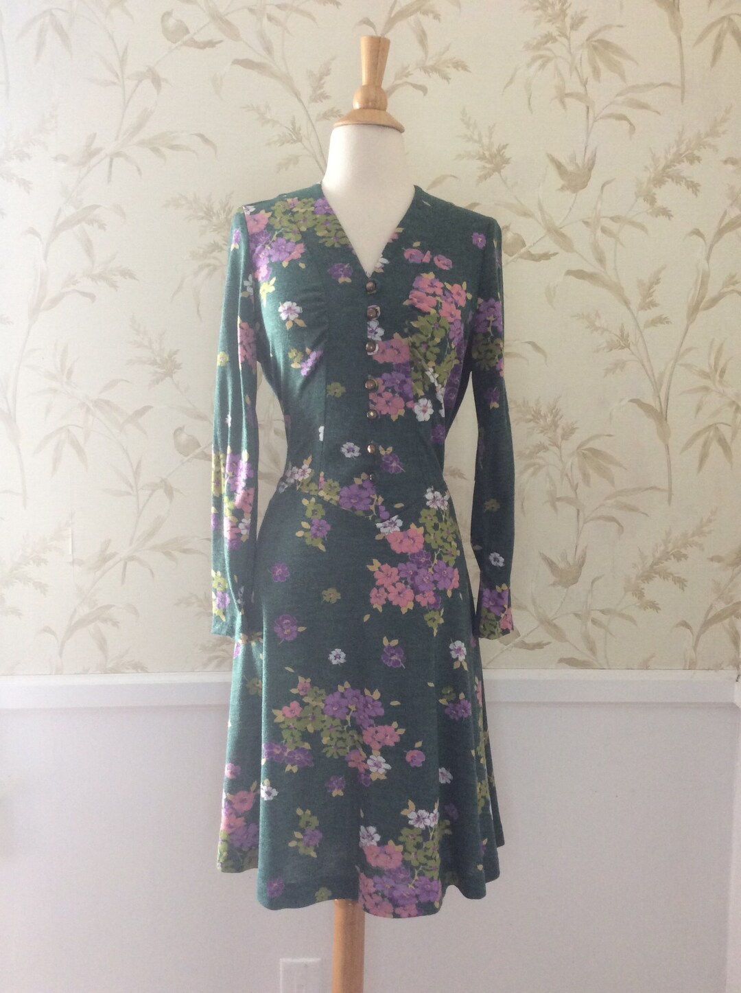 1970s Mod VINTAGE Princess Fit Prairie Dress Dip Waist Emerald Green ...