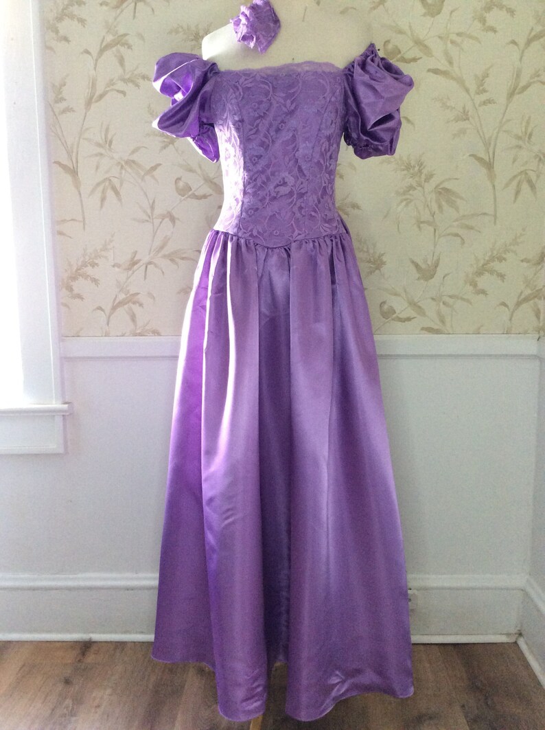 1980s Vintage Purple LACE & SATIN Prom Party Ball Gown PUFF Sleeves ...