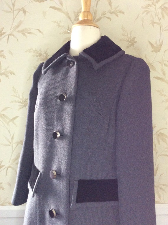 1960s Mod VINTAGE Princess Coat Gray Wool Black Velve… - Gem