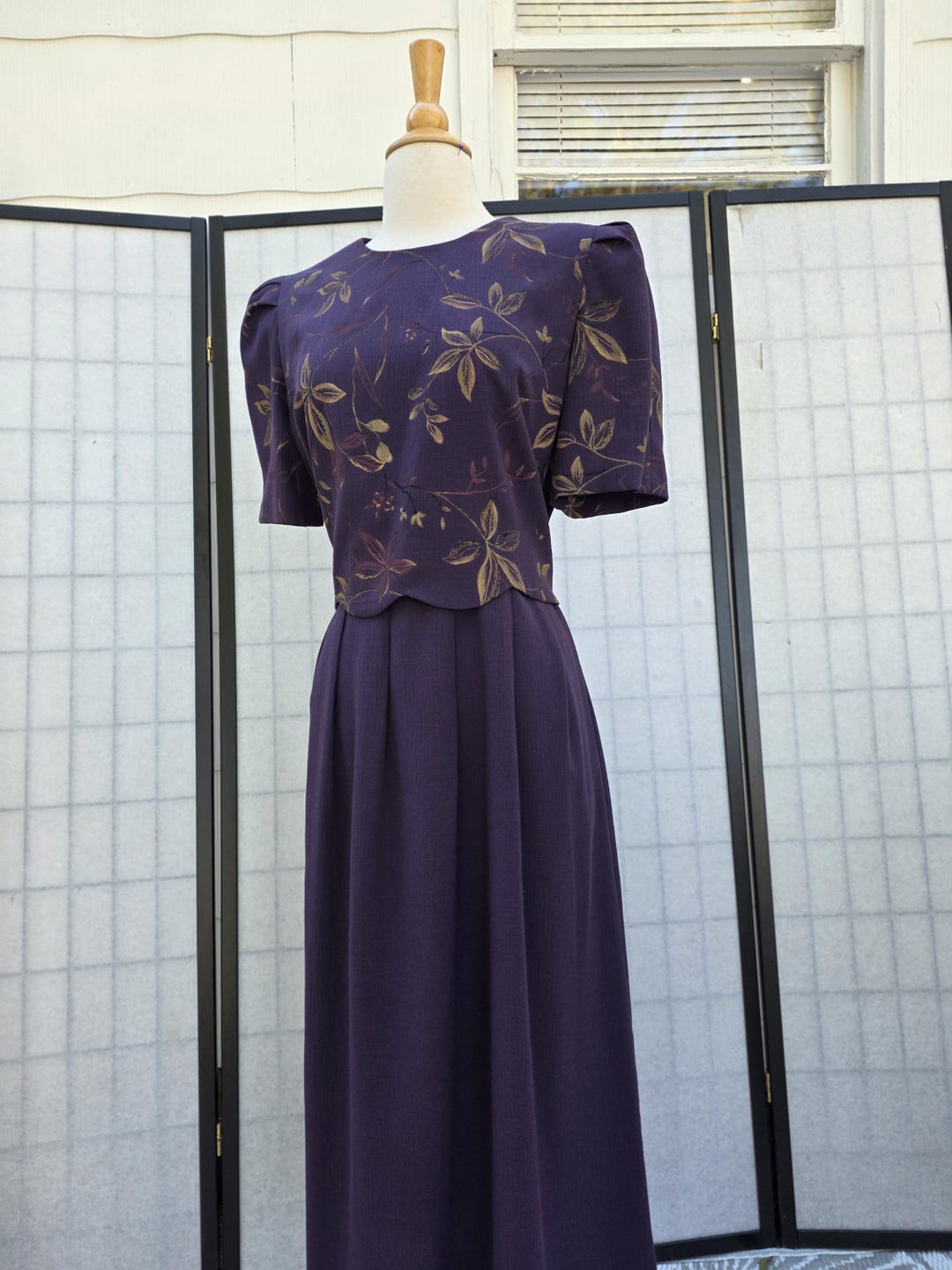 1980s Vintage Purple COTTAGECORE Scalloped Bodice Puff Sleeve Midi ...