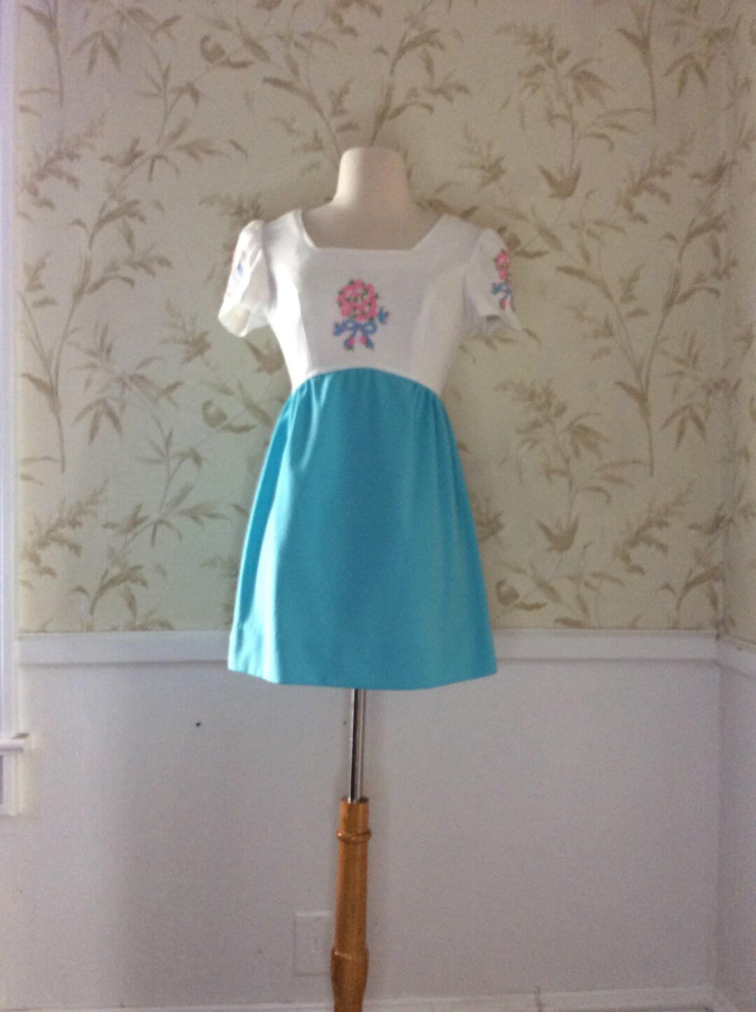 1960s 1970s Vintage MICRO MINI BABYDOLL Embroidered Dress Empire Waist ...