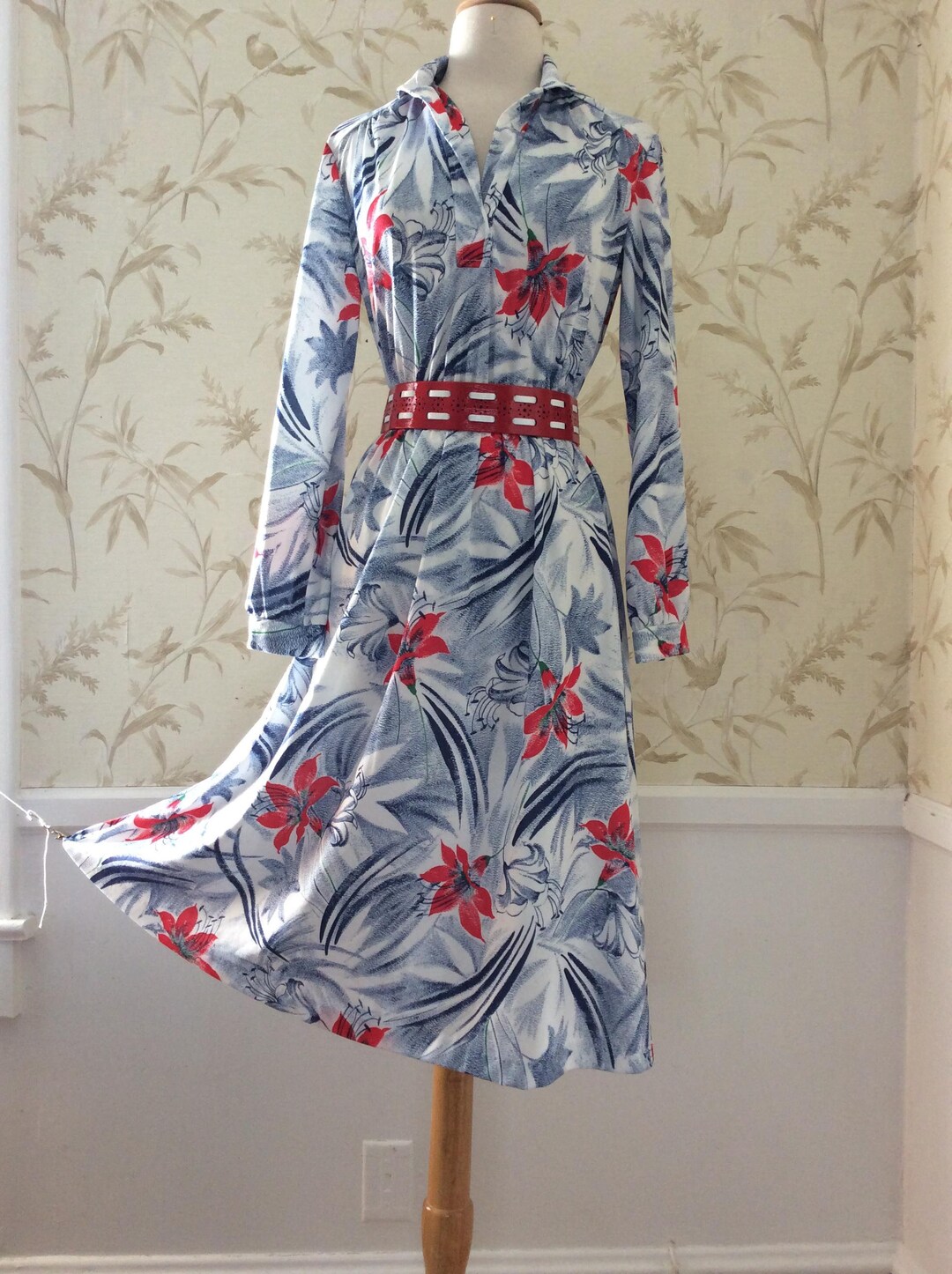 1970s Vintage Fit & Flare Secretary Dress Red White and Blue Polyester ...
