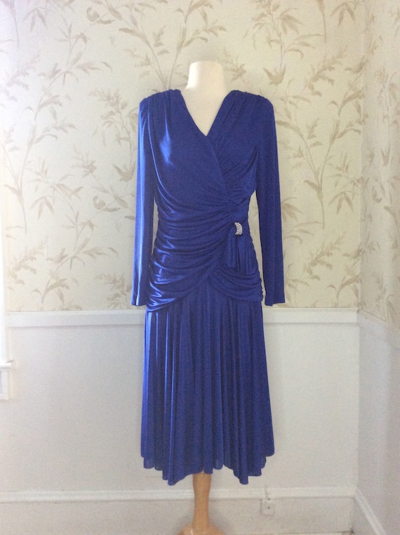1980s Vintage Shirred ELECTRIC BLUE Body Con Disco ST… - Gem