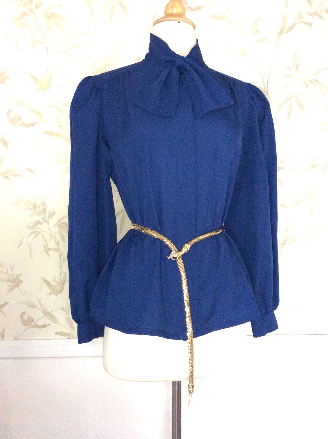 1970s Vintage Midnight Blue PRISSY BOW TIE Neck Puff Sleeve Judy Bond ...