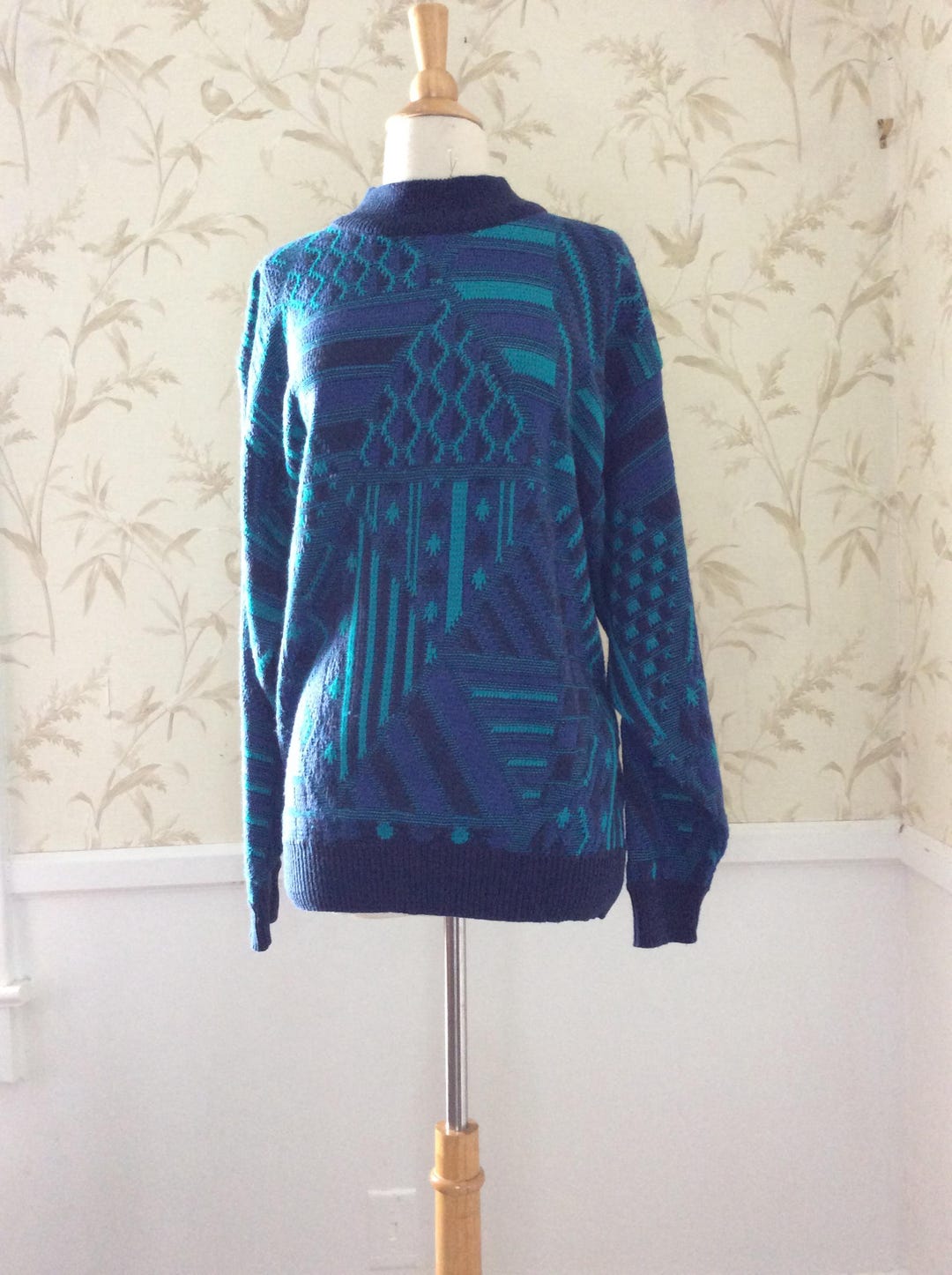 1970s 1980s Vintage Stefano Man Purple & Teal Abstract Southwestern Knit Sweater XL - Etsy