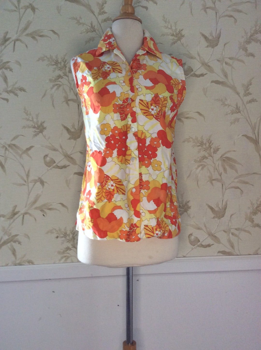 1960s 1970s Mod Vintage FLOWER POWER Cotton Sleeveless Blouse Made in ...