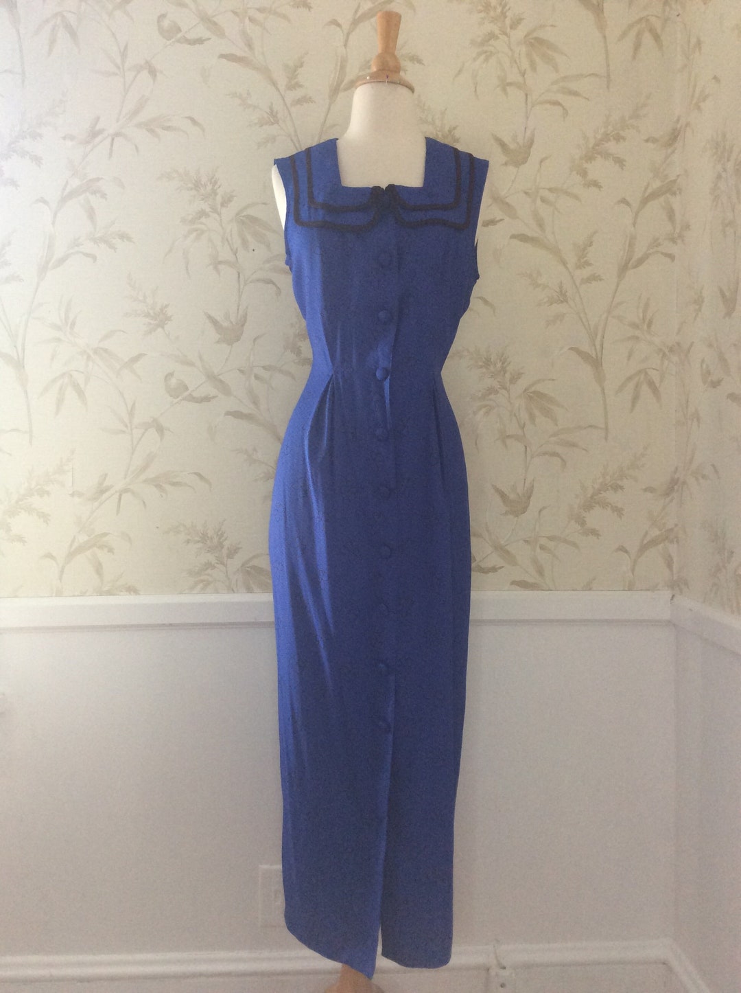 1980s Vintage Electric Blue Button Front Cinch Back Midi Dress Double ...