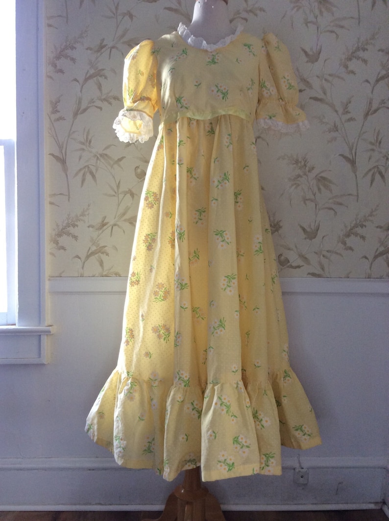 1970s Vintage OOAK HANDMADE Flocked Flower Empire Waist Prairie ...