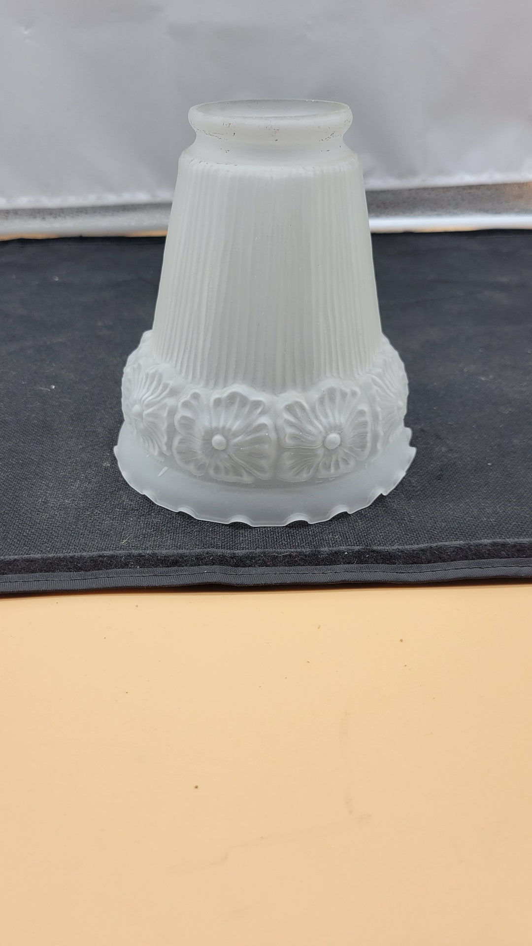 Vintage Frosted Glass Lamp Shade Embossed Flowers RUFFLE SCALLOPED EDGE ...
