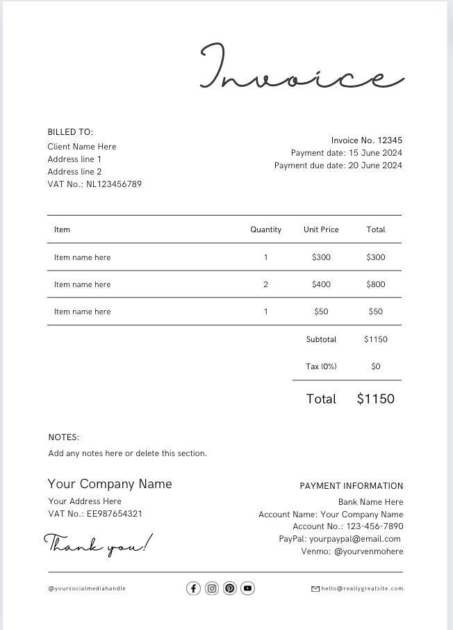 Editable Invoice Canva Template A4 Size Instant Download - Etsy
