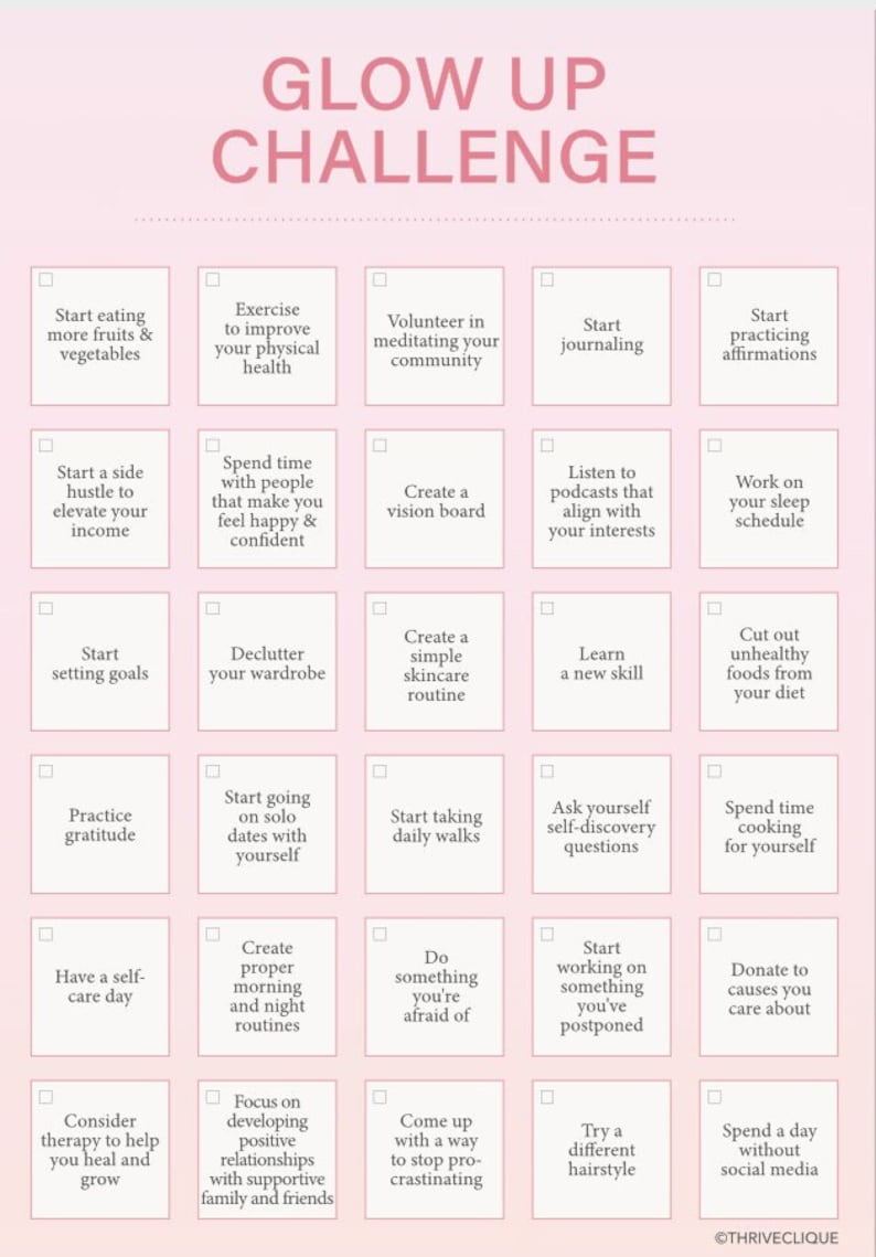30 Day Glow up Challenge | Self Esteem Worksheet | Self Confidence ...
