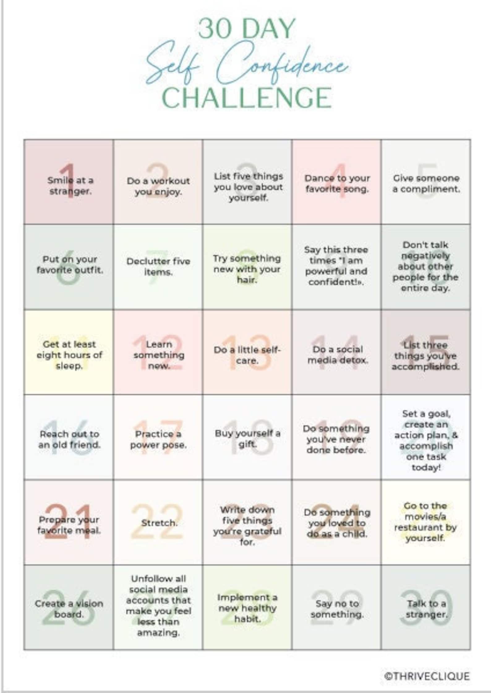 30 Day Self Confidence Challenge | Self Esteem Worksheet | Self ...