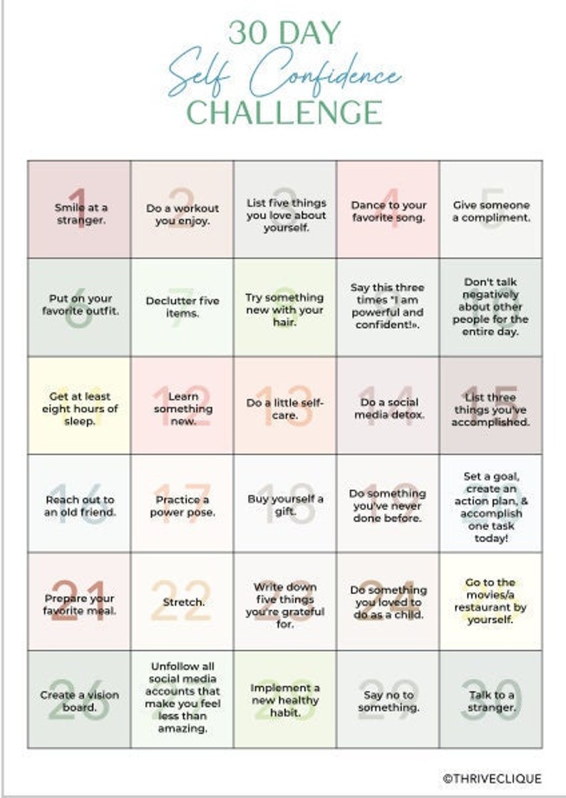 30 Day Self Confidence Challenge | Self Esteem Worksheet | Self ...