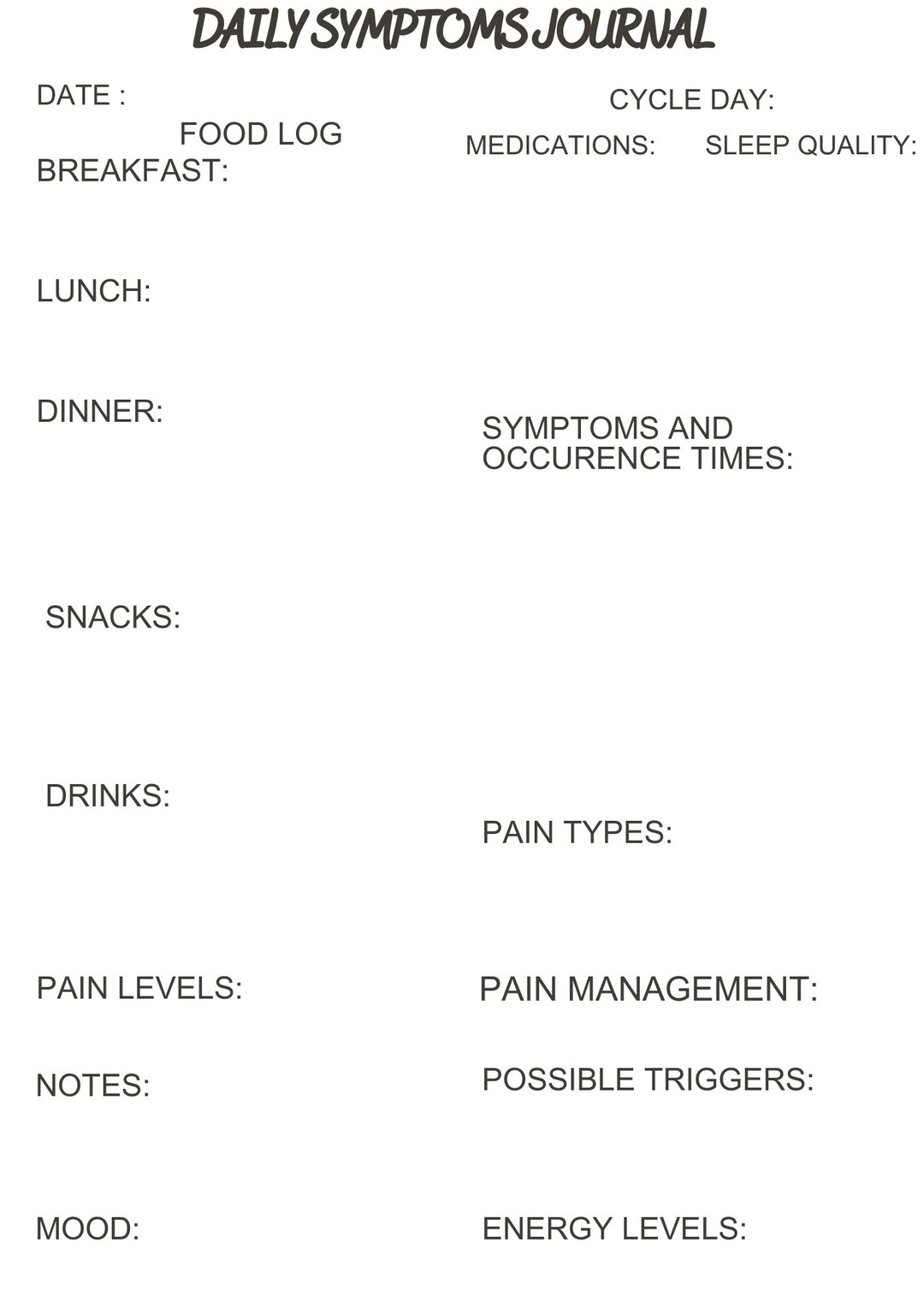 Comprehensive Symptom Tracker Printable Food, Illness & Wellness ...