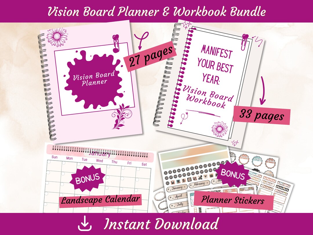 Vision Board Planner & Goal Setting Printable Yearly Goal Organizer PDF ...