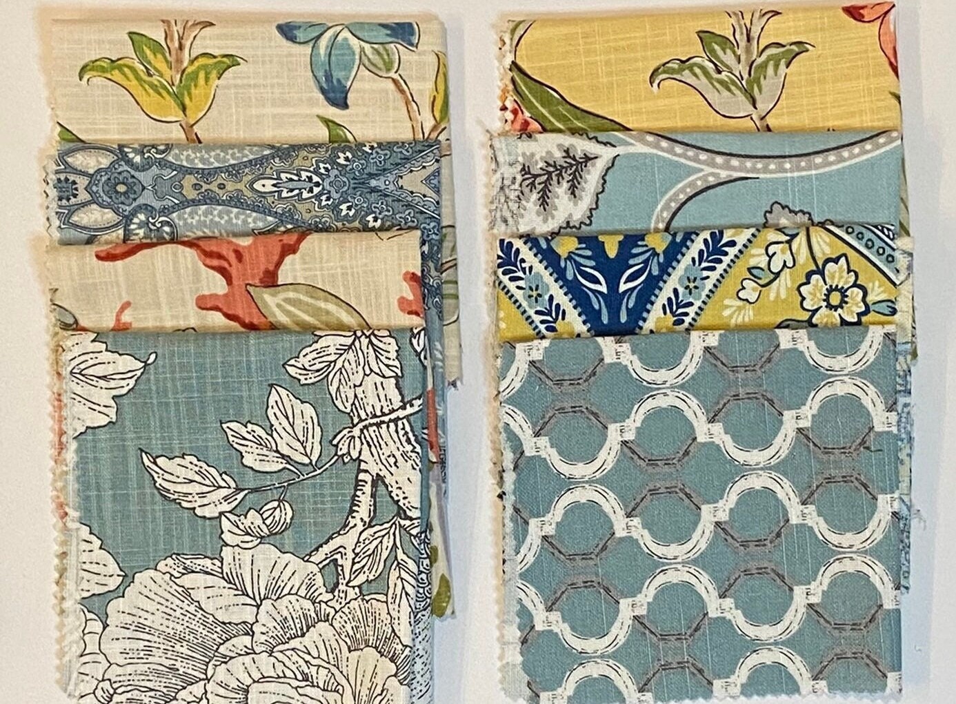 Blue and Yellow Toile, Floral and Geometric Studio Scraps / 12"x12"/ 8 ...