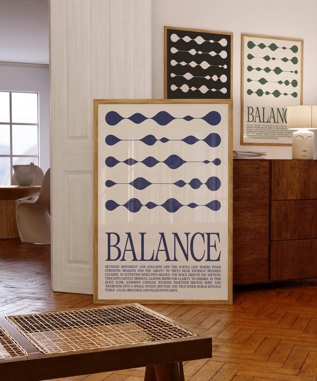 Framed Balance Poster - Positive Energy Blue Yoga Print for Minimalist ...