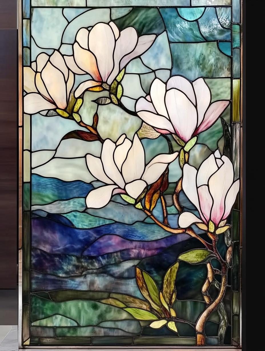 Custom Size Beautiful Magnolia Tree Window Film Non-adhesive Stained ...