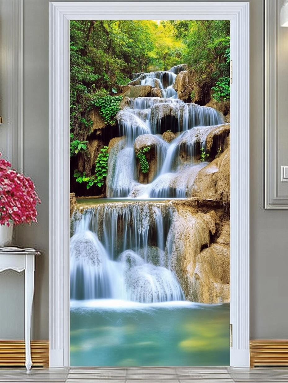 Custom Size Waterfall Scene Waterproof Door Sticker Self-adhesive ...