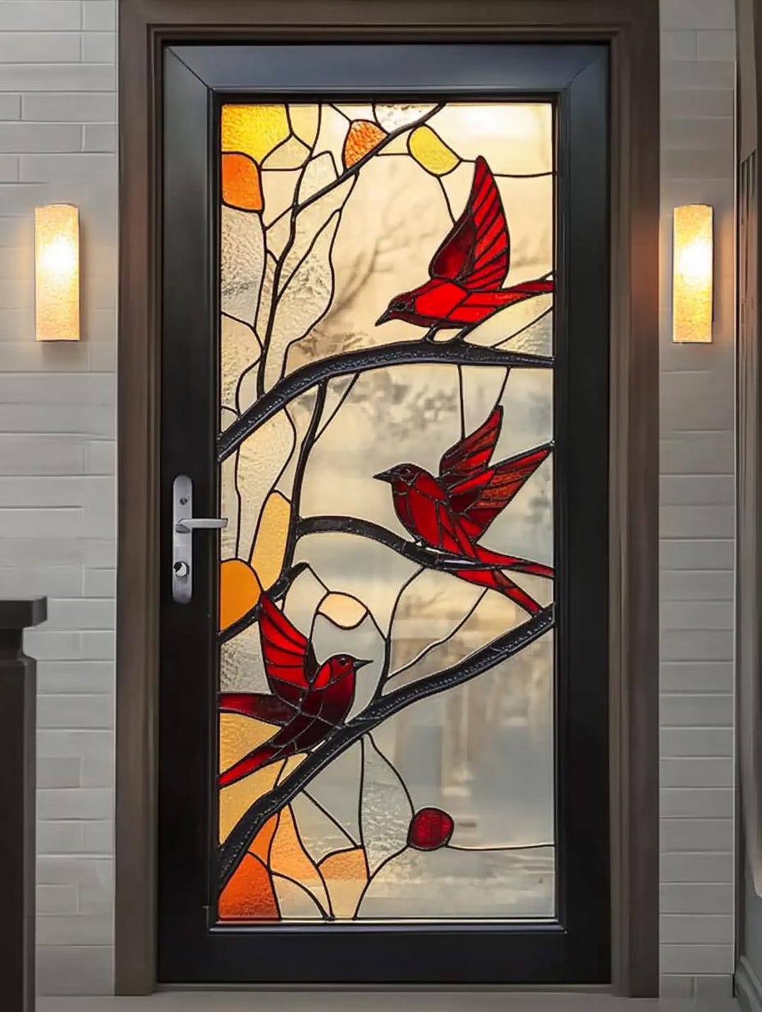 Custom Size Flying Red Birds Stained Glass Window Film Elegant Branch ...