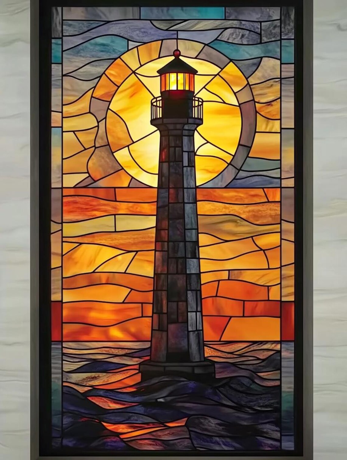 Custom Size Lighthouse Stained Glass Window Cling Vibrant Sunset and ...
