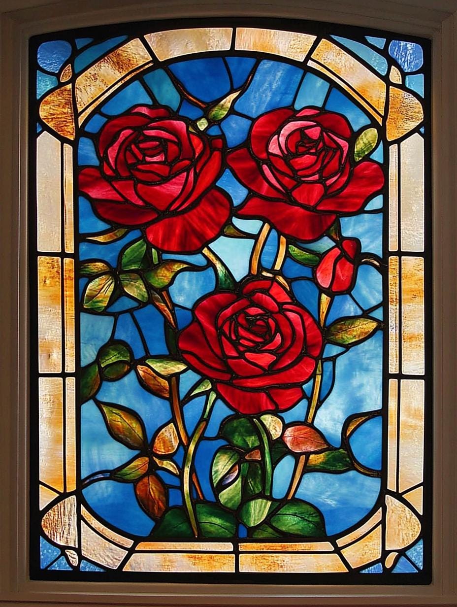 Custom Size Romantic Red Rose Window Film Non-adhesive Stained Glass ...