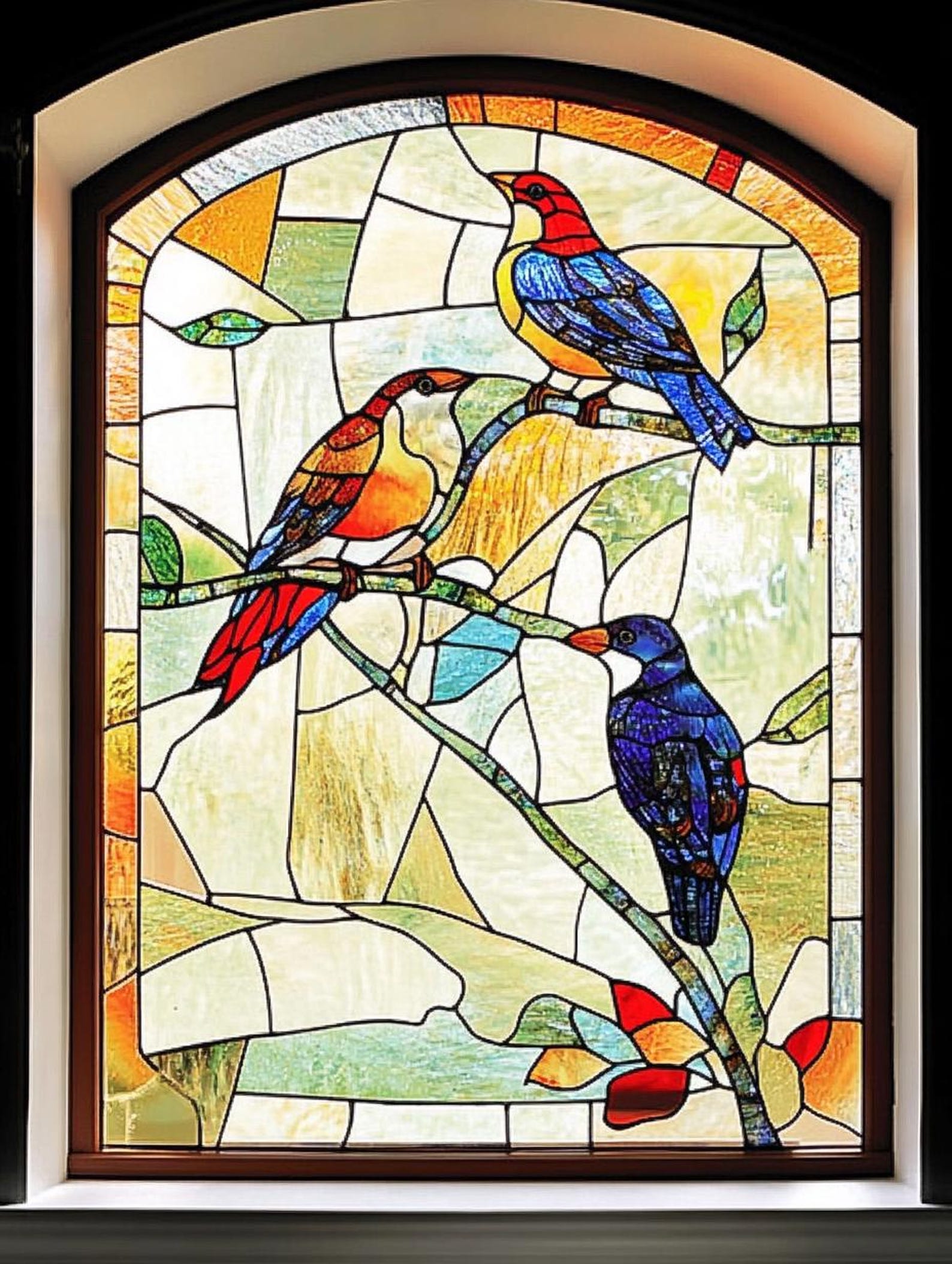 Custom Size Stained Glass Window Panel Vibrant Birds on Branches Design ...